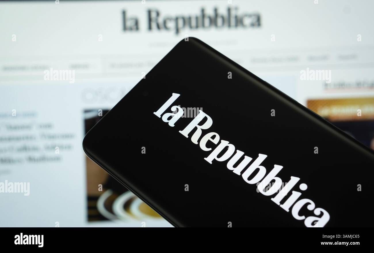 The logo of the newspaper la repubblica is displayed on a smartphone ...