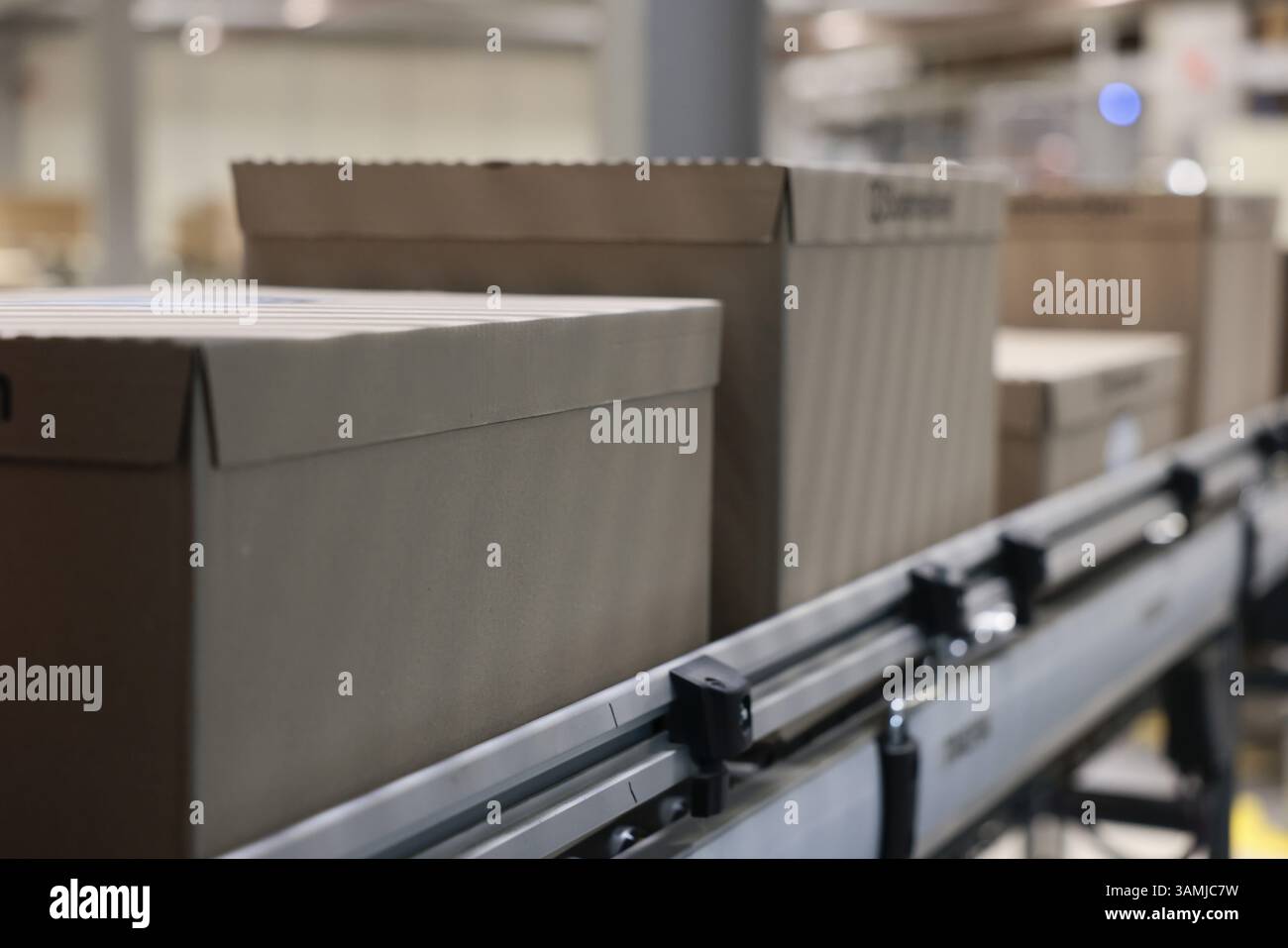 Cartons, parcels for goods dispatch on a conveyor belt, conveyor belt ...