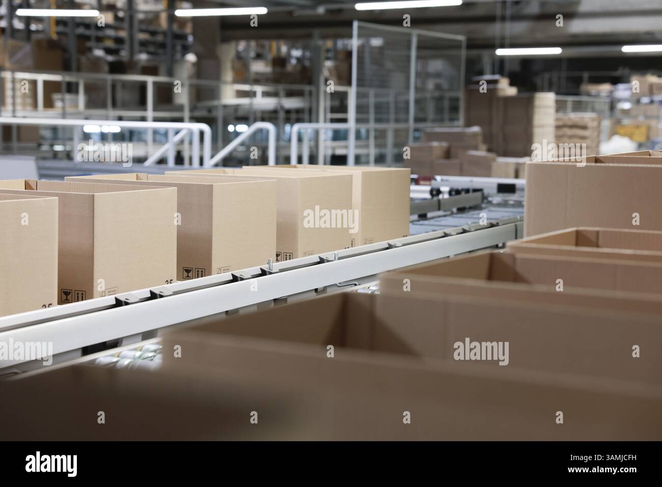 Empty cartons, parcels for goods dispatch on a conveyor belt, conveyor ...