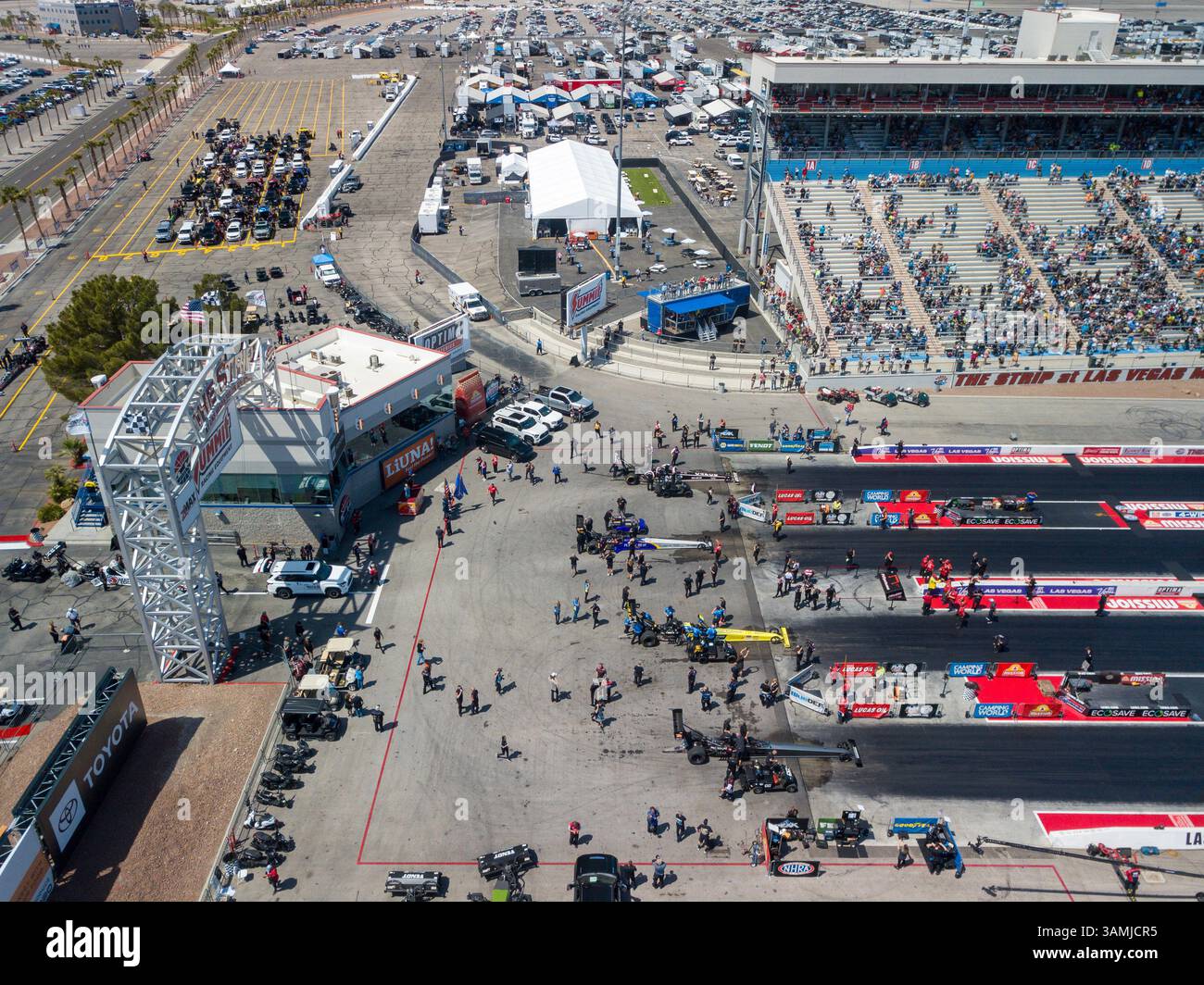 LAS VEGAS, NV - APRIL 13: General aerial view of top fuel cars in the ...