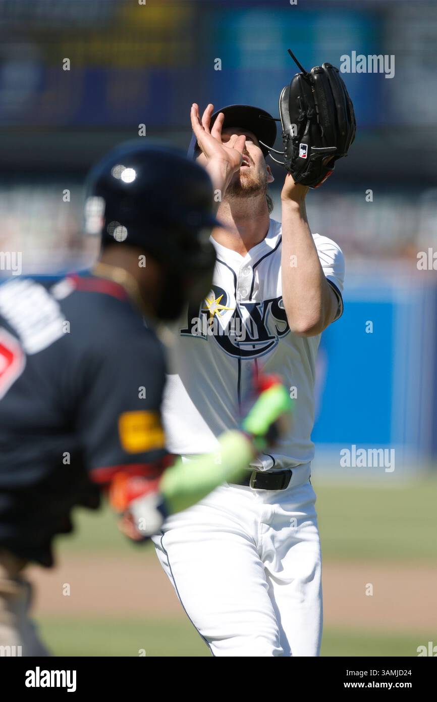 Tampa, FL USA: Tampa Bay Rays pitcher Mason Englert (59) catches a high ...