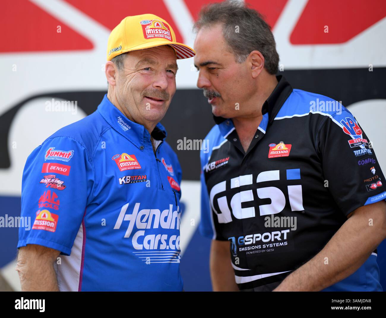 LAS VEGAS, NV - APRIL 13: Pro Stock driver Greg Anderson speaks with a ...