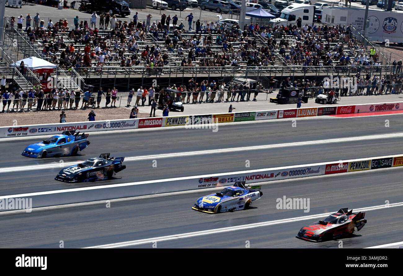 LAS VEGAS, NV - APRIL 13: Funny Car drivers, from near lane, Cruz ...