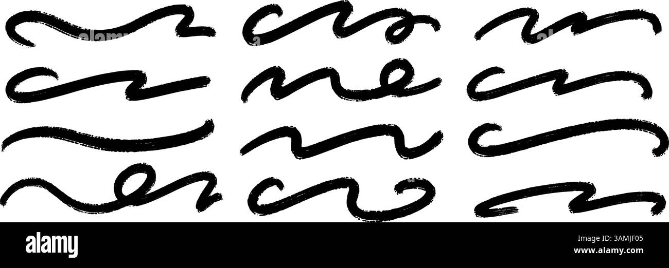 Black wave paint line set. Squiggle sketch brush stroke collection ...