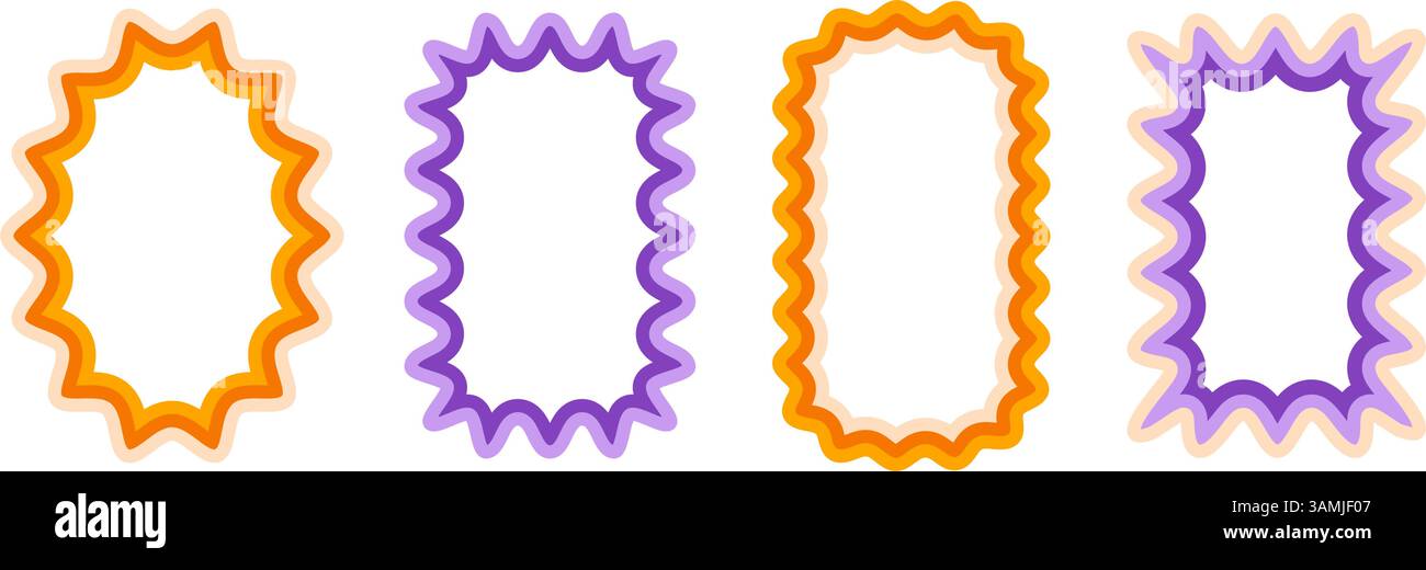 Retro wave pattern frame set. Scalloped rectangle and ellipse border collection. Wavy edge ...