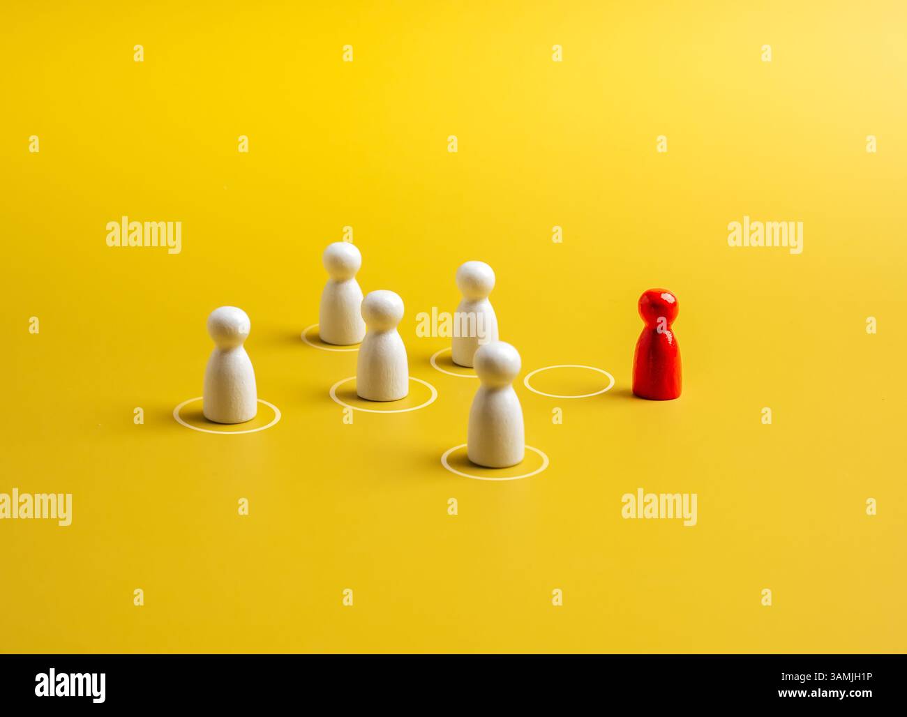 The red different one, moving out from circle, group of white peg dolls ...