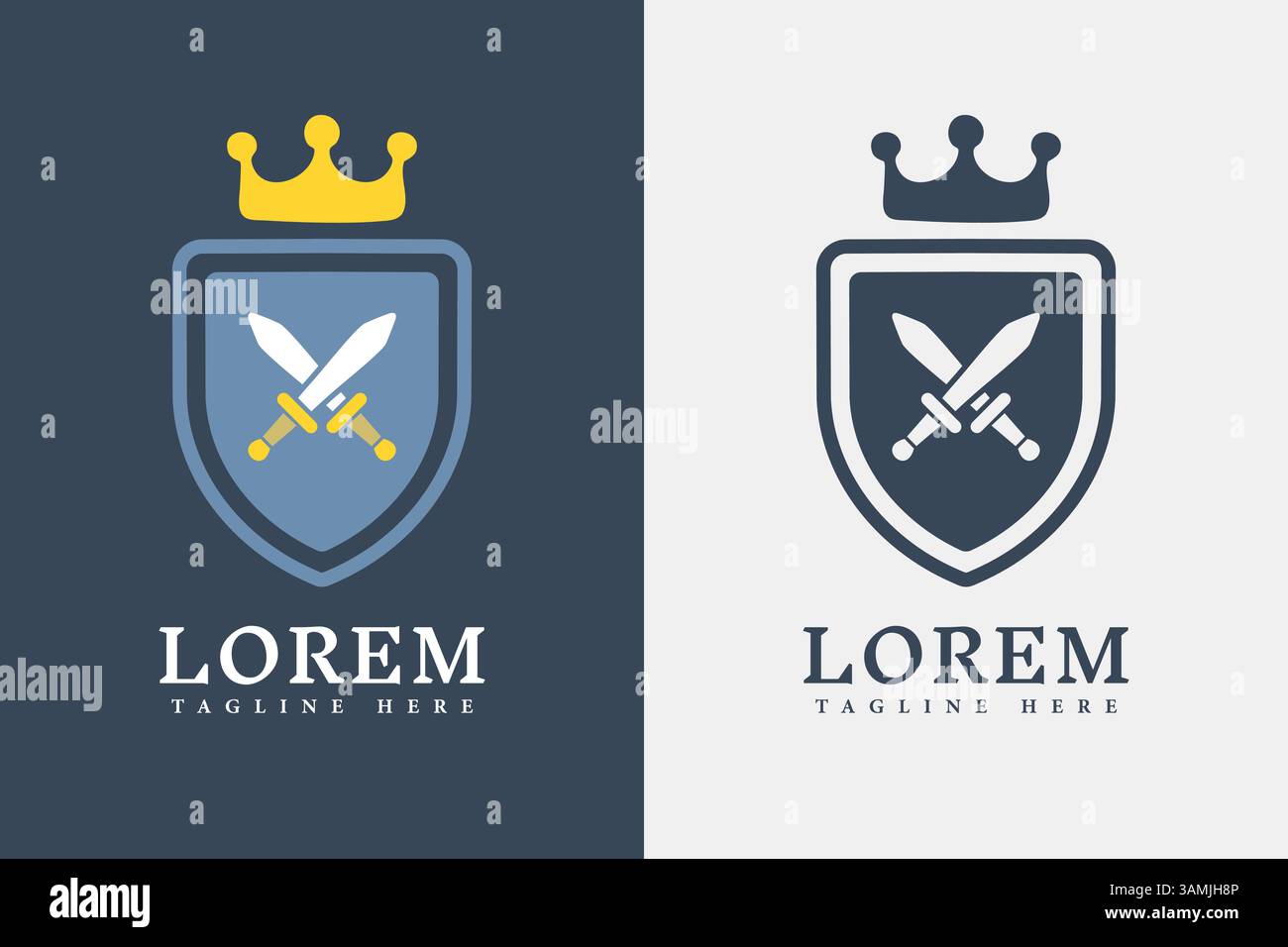 Two logo designs that display a shield with a cross and crown sword ...
