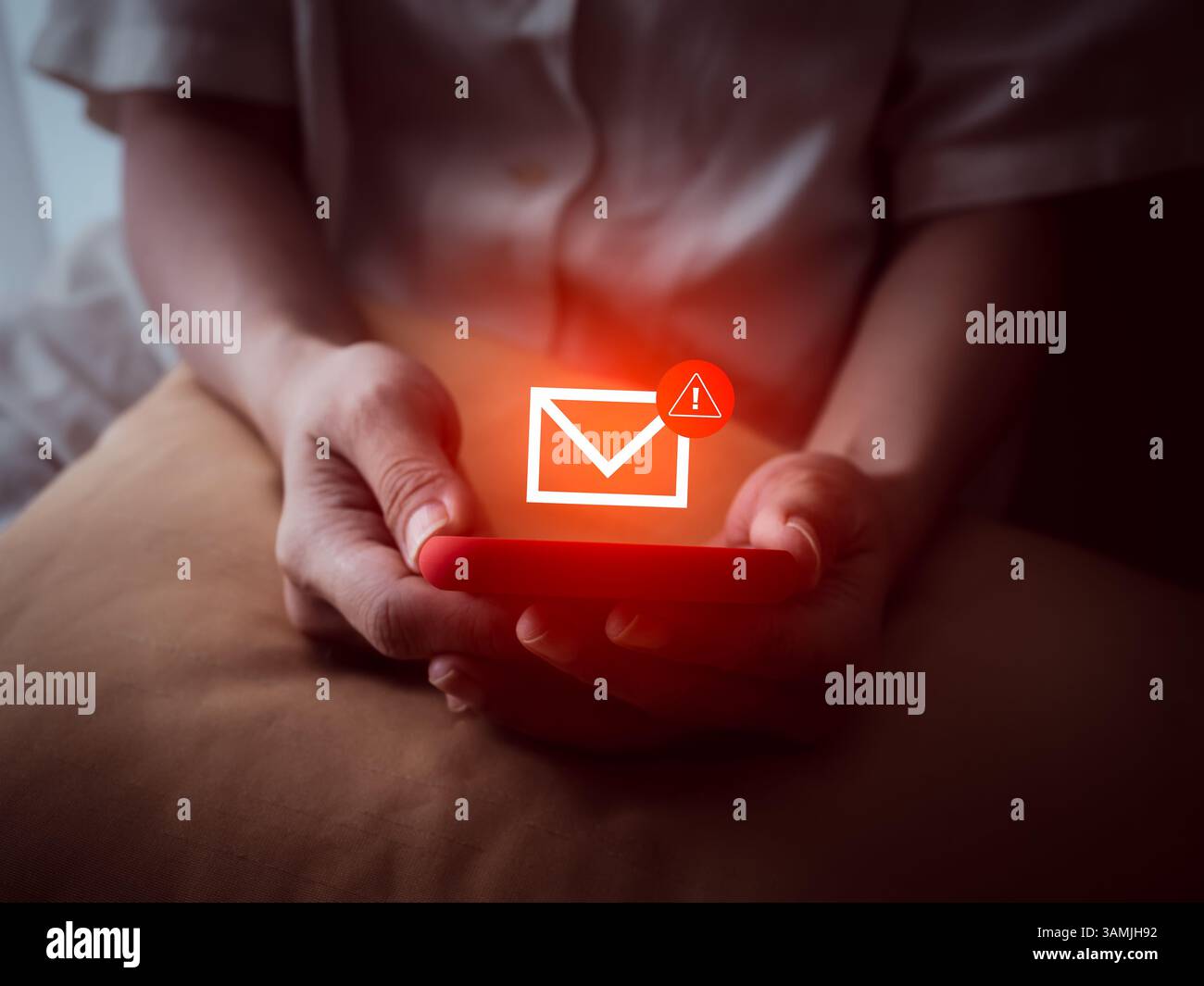 Scam alert concept, fraud sms, phishing from scammer. System hacked, red warning alert, email ...