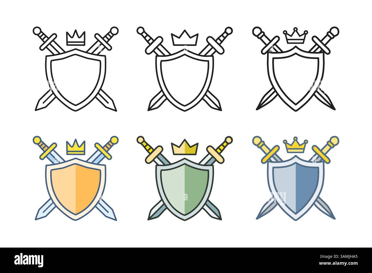 A collection of graphic designs featuring shields and swords, presented ...