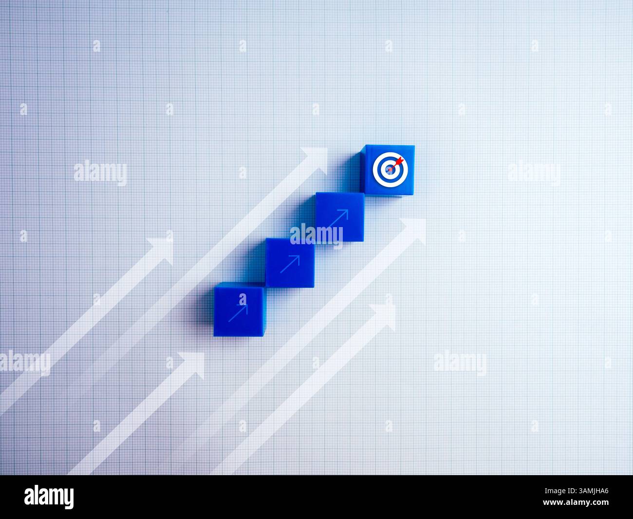 Target dart, goal icon on top of blue cube block as steps with rising ...