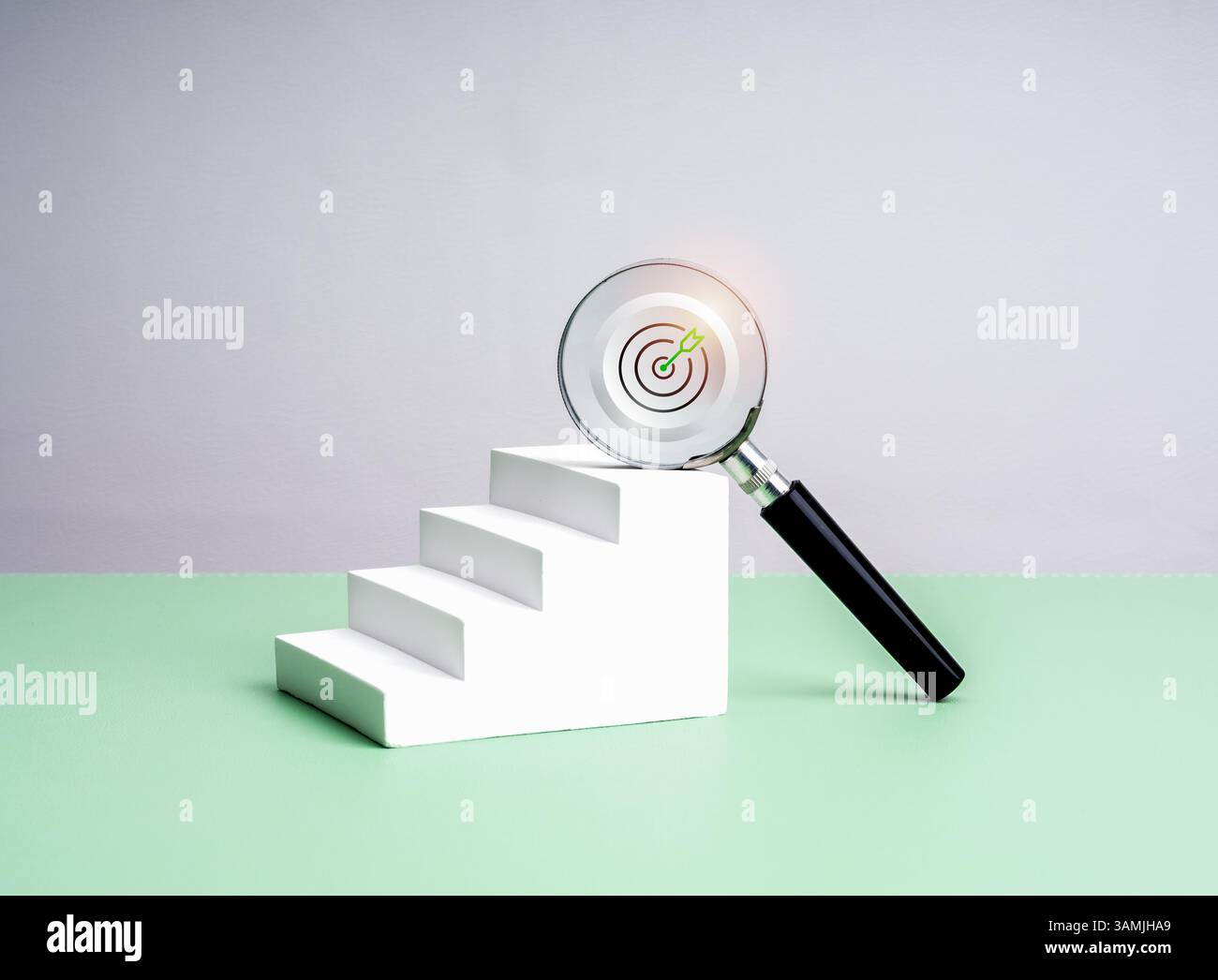 3d target icon focused by magnifying glass, on top of white geometric ...
