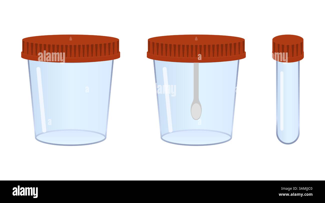 Medical test containers and test tube with red caps and spoon Stock ...