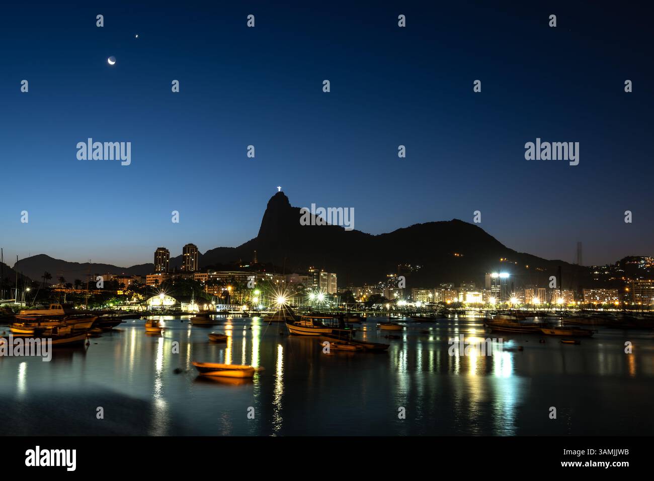 Long Exposure Night View of Corcovado Mountain and Guanabara Bay under ...