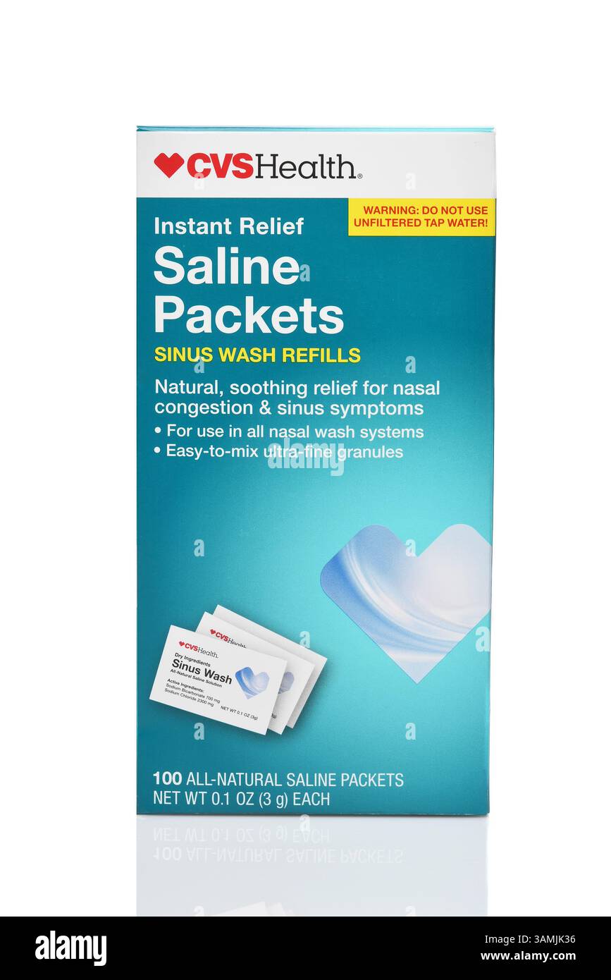 IRVINE, CALIFORNIA - 10 APR 2025: A box of CVS Saline Packets for nasal ...