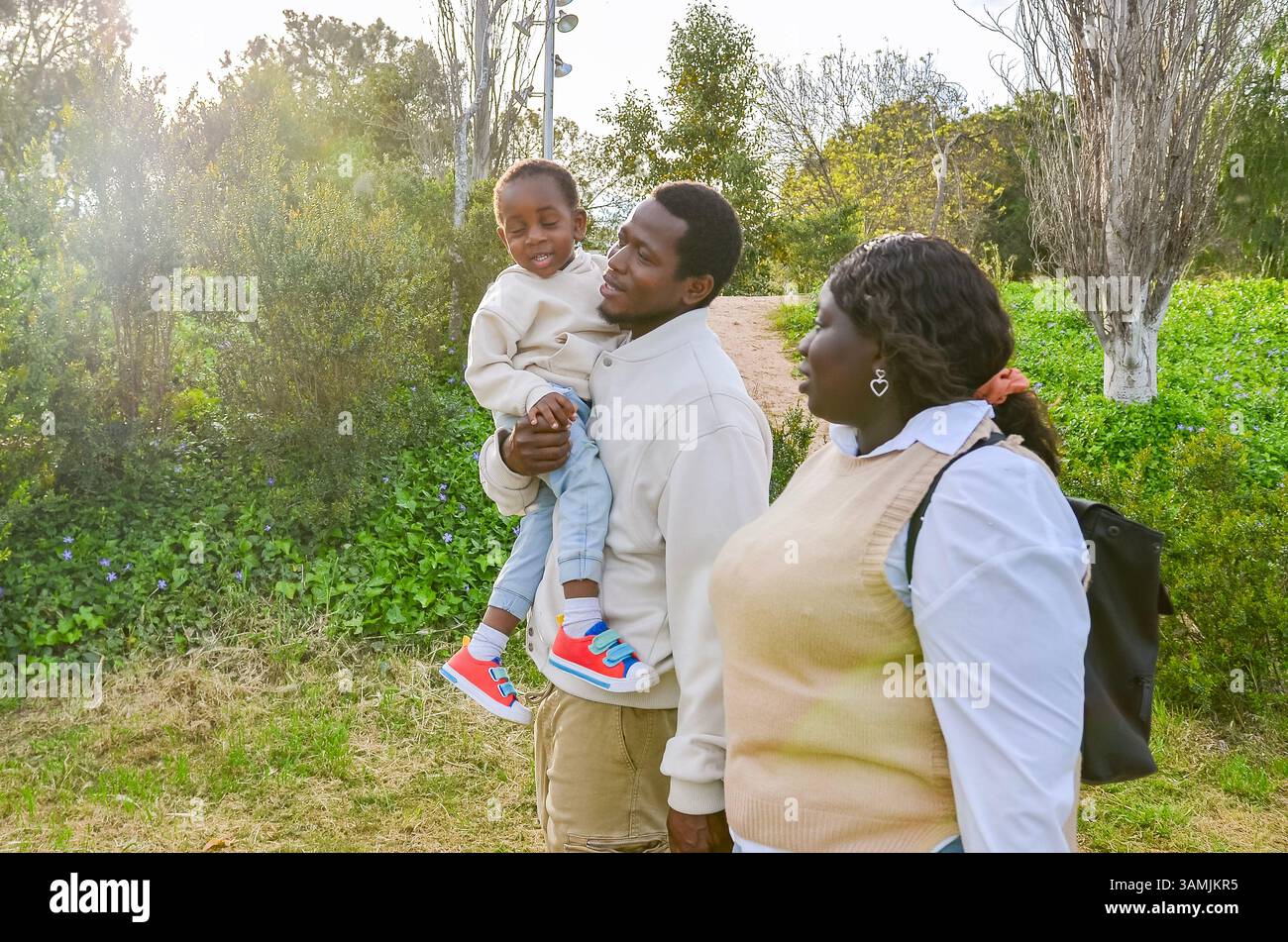 Smiling african parents holding their child walking in park enjoying ...