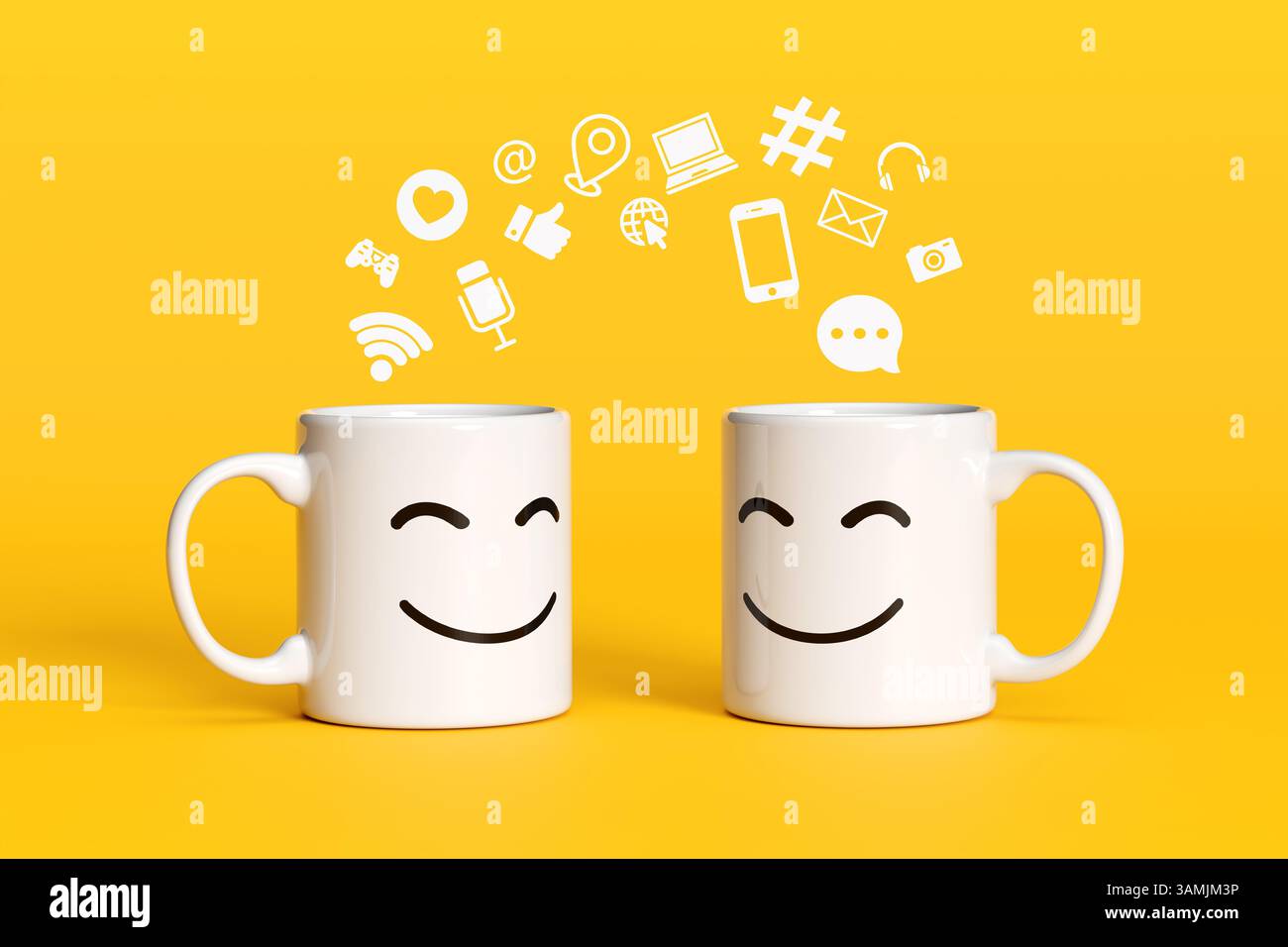 Social media icons floating between two mugs with smiley faces on a ...