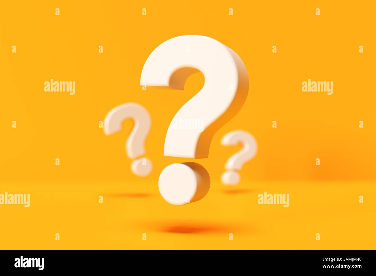 White question marks are floating on a vivid yellow background, creating a visual representation ...