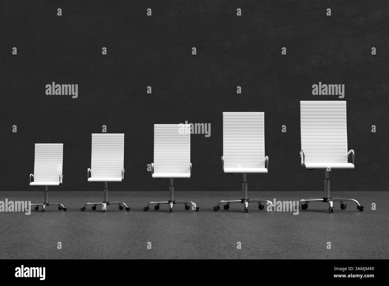 Five white office chairs increase gradually in size, symbolizing career ...