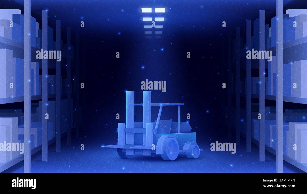 Ecommerce warehouse. Technology distribution. Forklift cargo pallet for ...