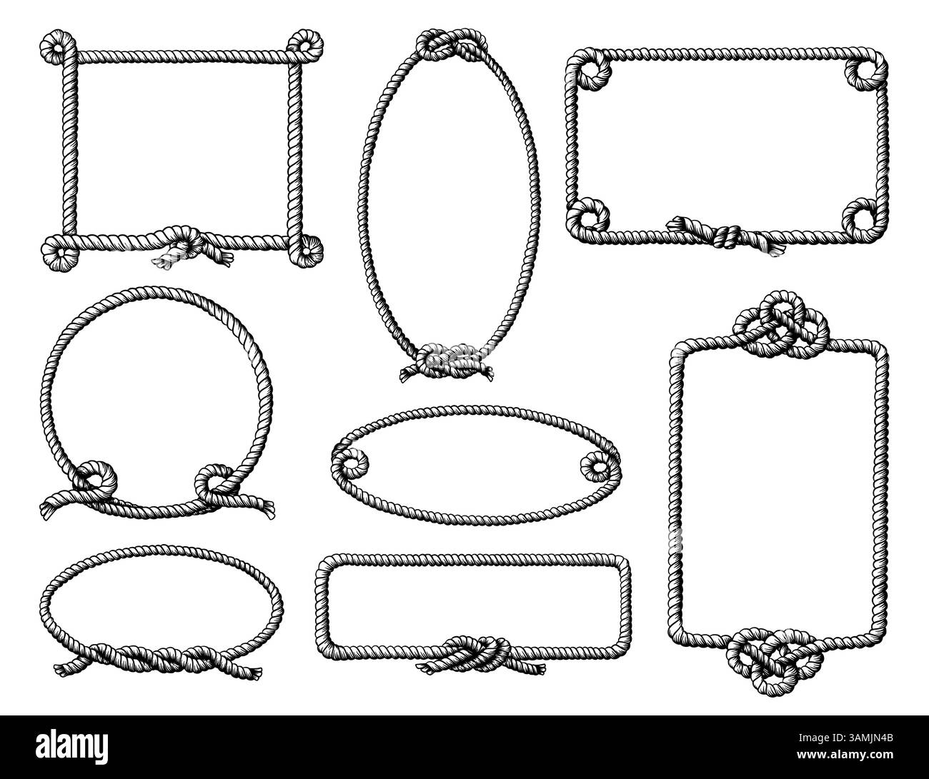 Rope frames. Oval lasso border. Marine boat outline sketch. Tangled ...