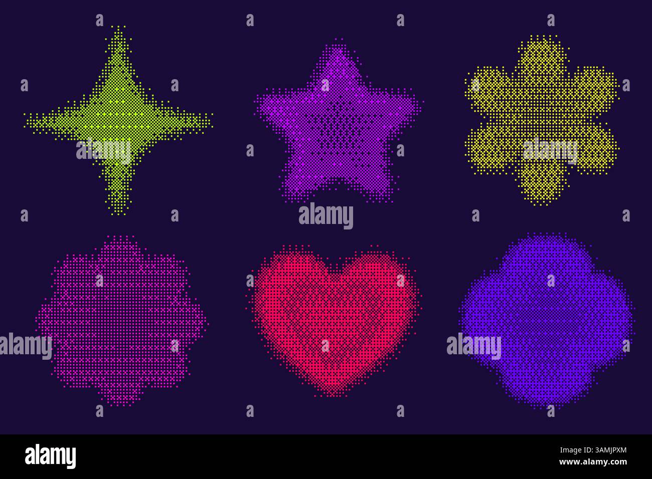 Bitmap pattern shapes. Heart star and flowers halftone gradient ...