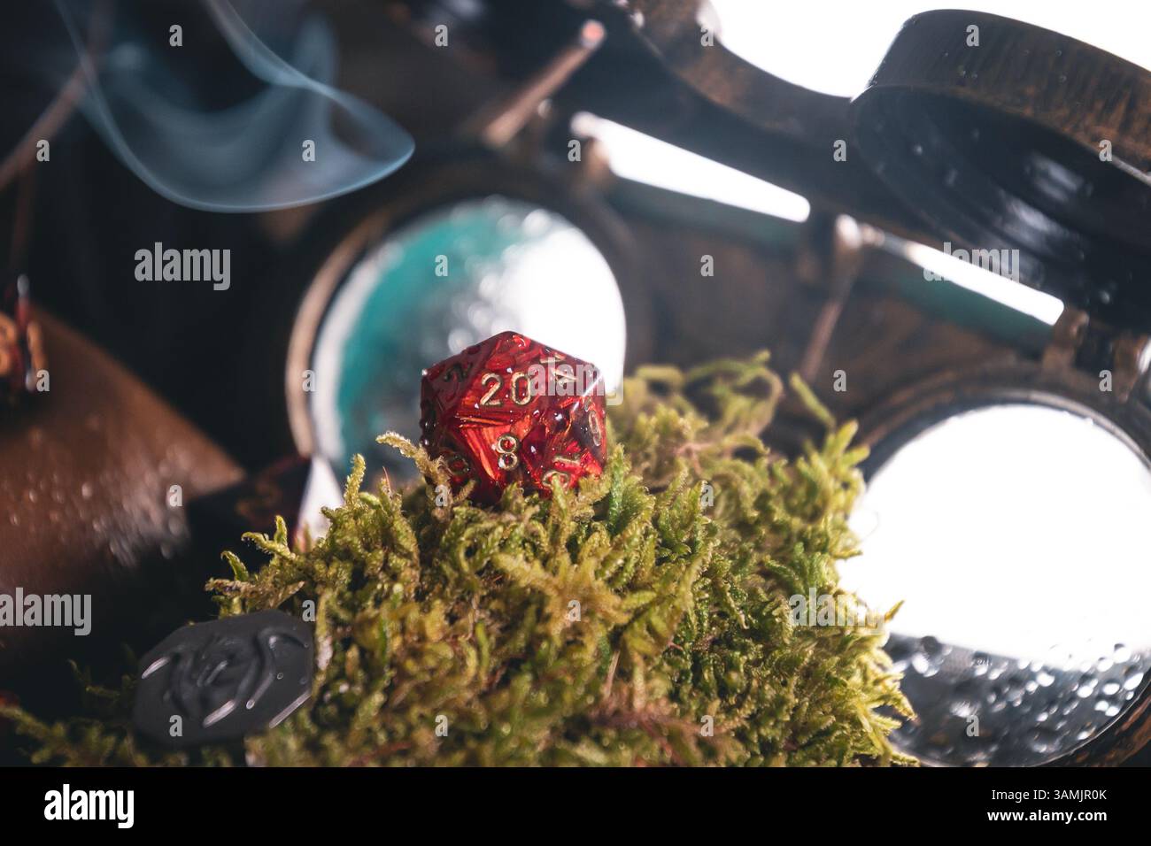 A red twenty-sided die showing a natural 20 sits on moss with vintage ...