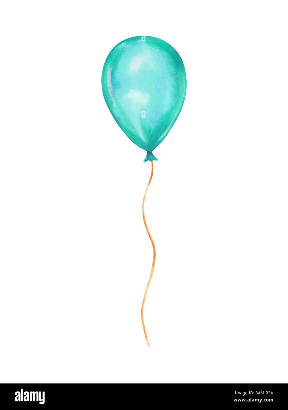 Blue inflatable flying balloon on a rope. Watercolor and marker ...