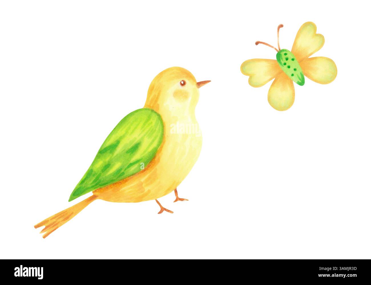 Stylized bird and butterfly in simple children's style. Illustration ...