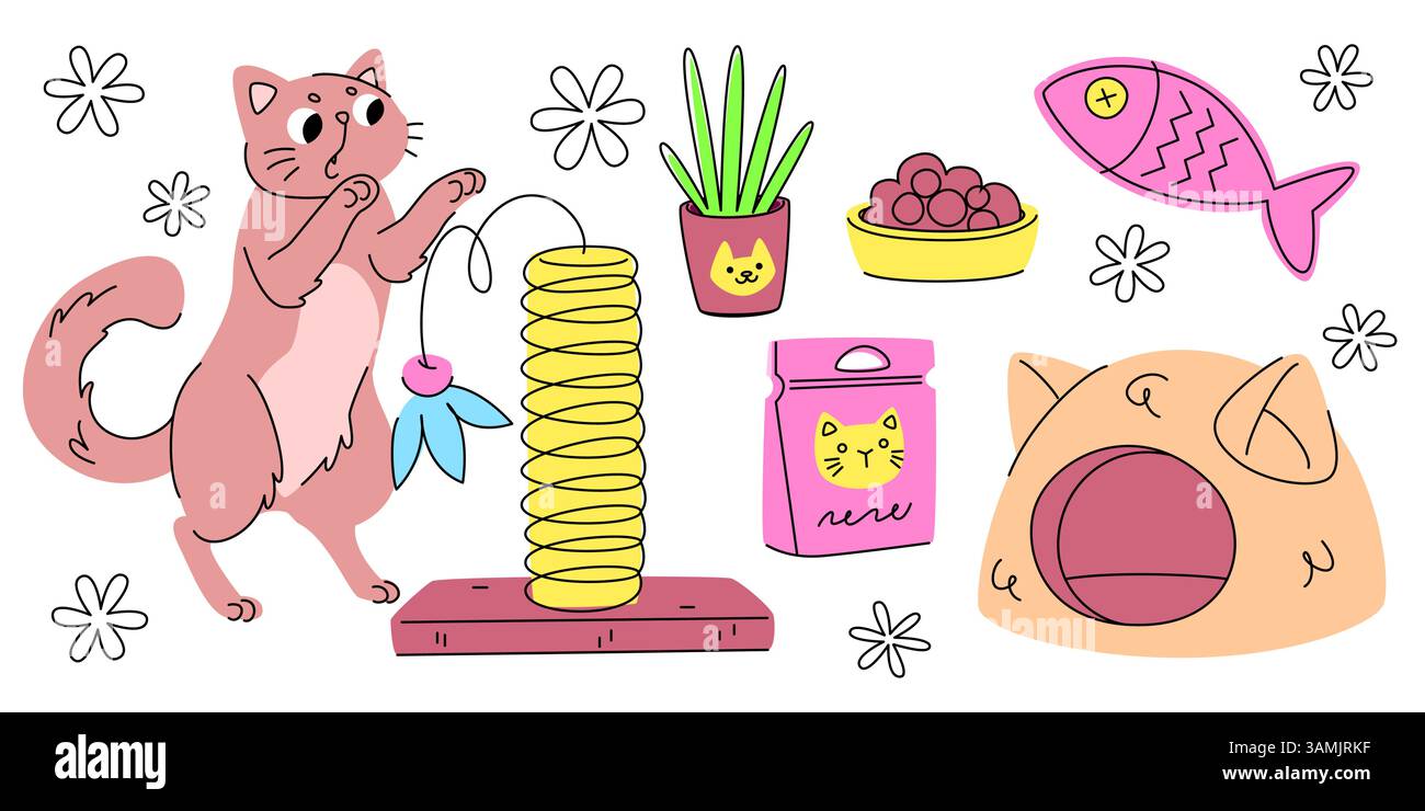 Cat care accessories set isolated on white background. Vector cartoon ...