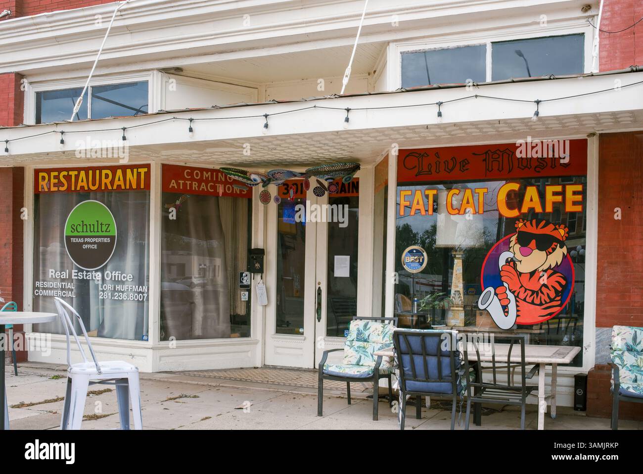 Fat Cat Cafe storefront with graphic of tiger playing saxophone in ...