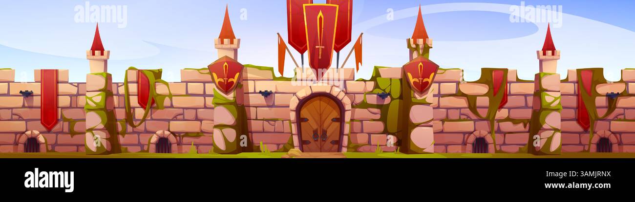 Castle medieval wall fortress made of stone blocks, fantasy kingdom ...