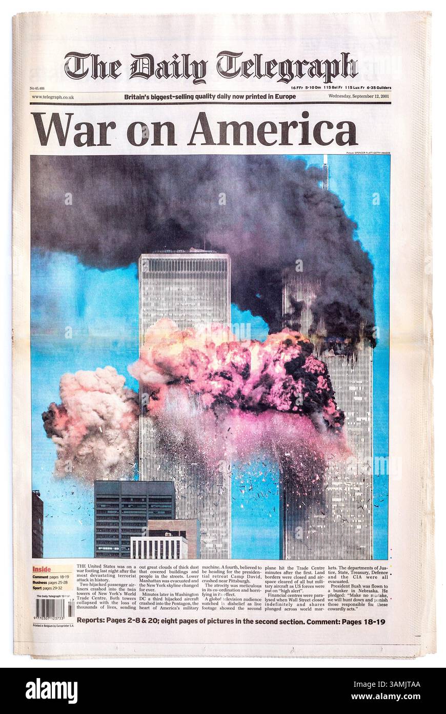 Front page of "The Daily telegraph" September 12th 2001 illustrating ...