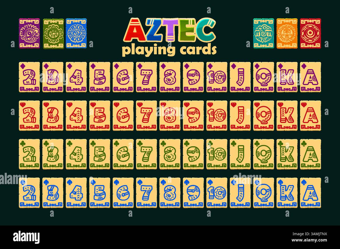 Full deck of playing cards in Aztec style. Set with isolated cards for ...