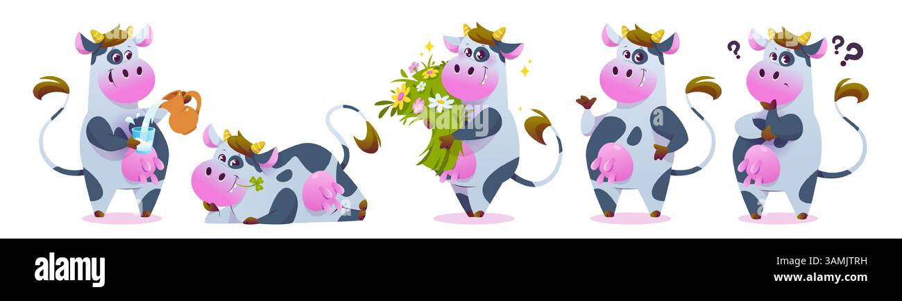 Funny cow mascot collection - spotted dairy character pouring milk into ...