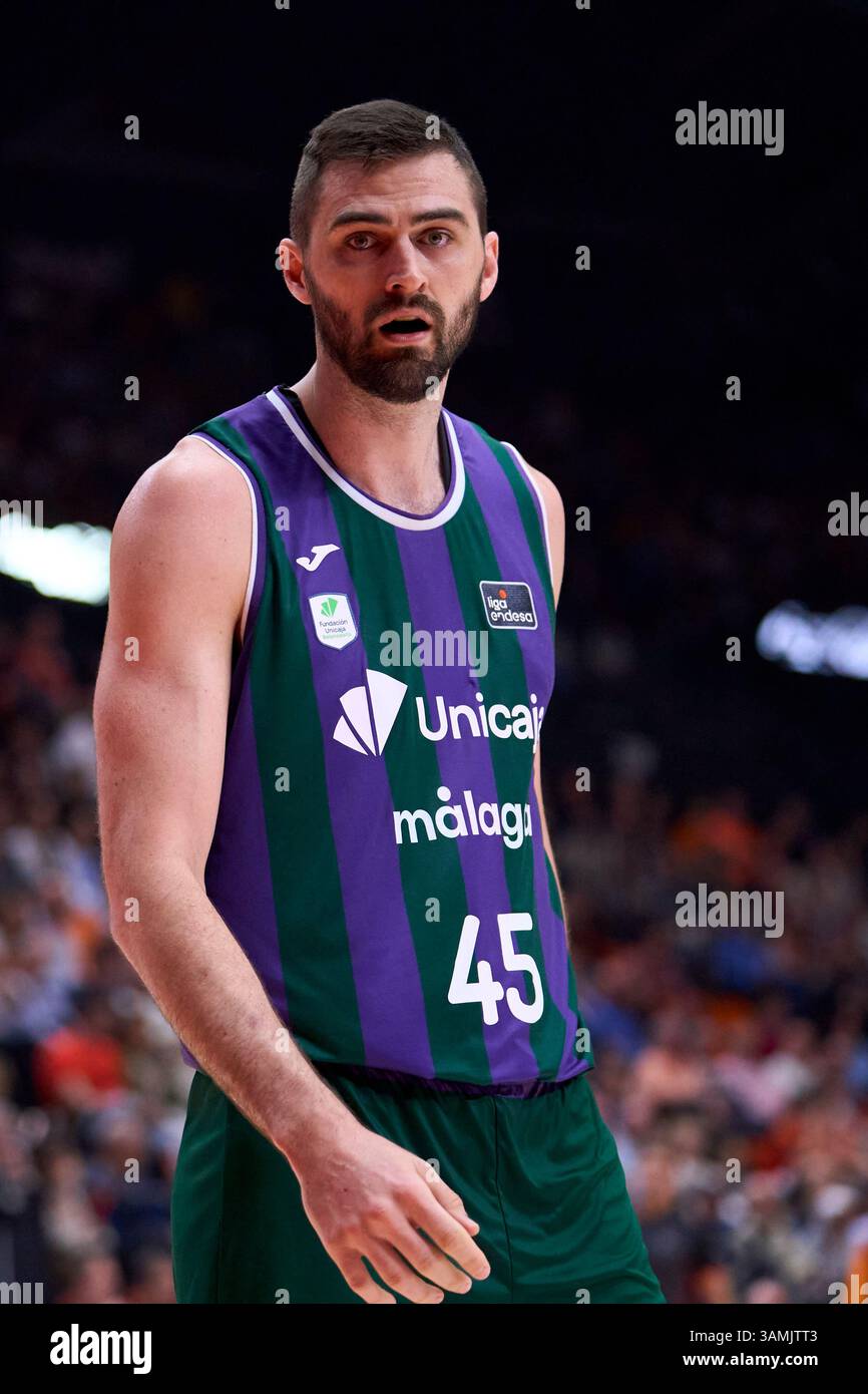 Valencia, Spain. 13th Apr, 2025. David Kravish of Fundacion Unicaja seen in action during the ...