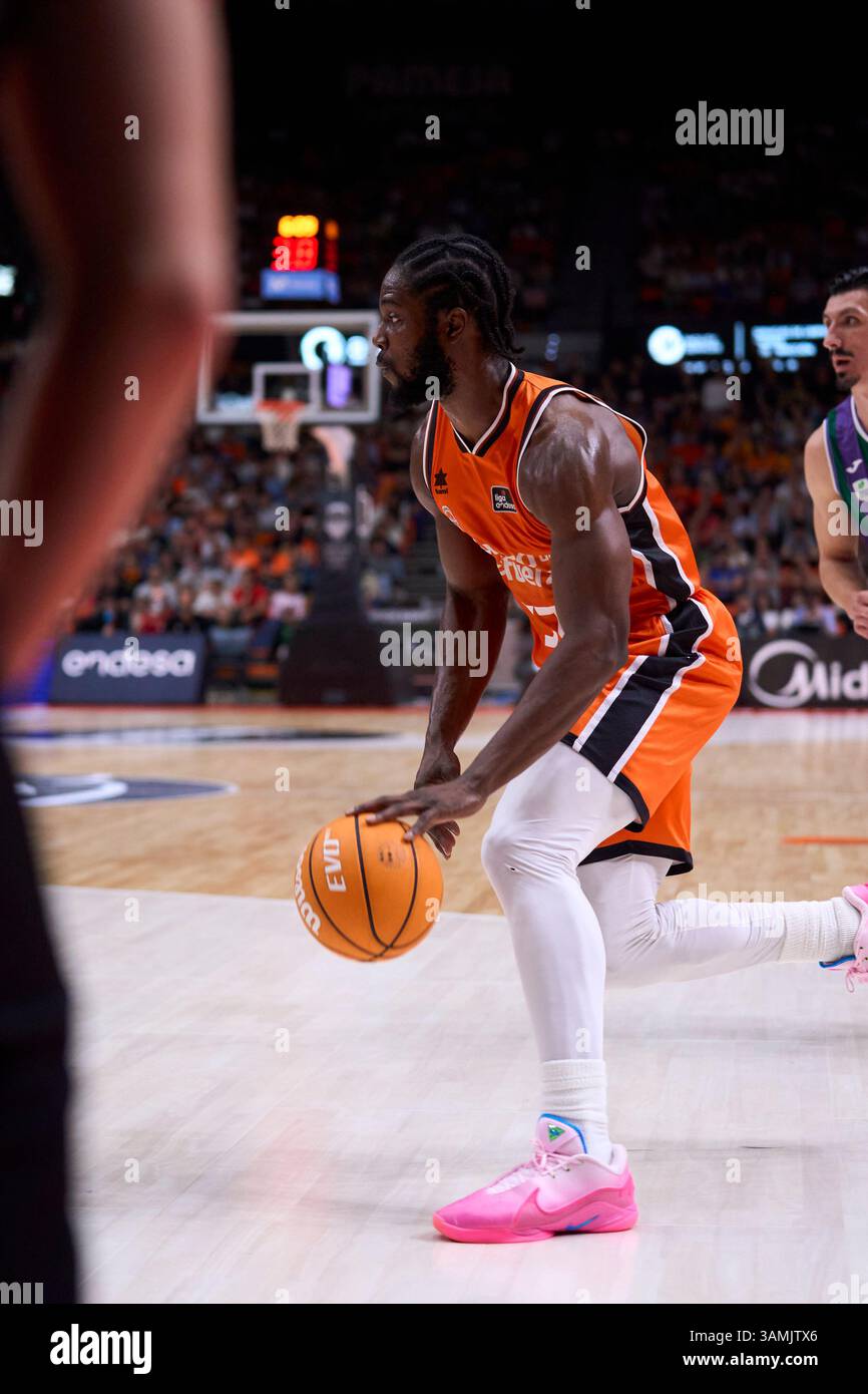 Valencia, Spain. 13th Apr, 2025. Semi Ojeleye of Valencia basket seen in action during the Liga ...