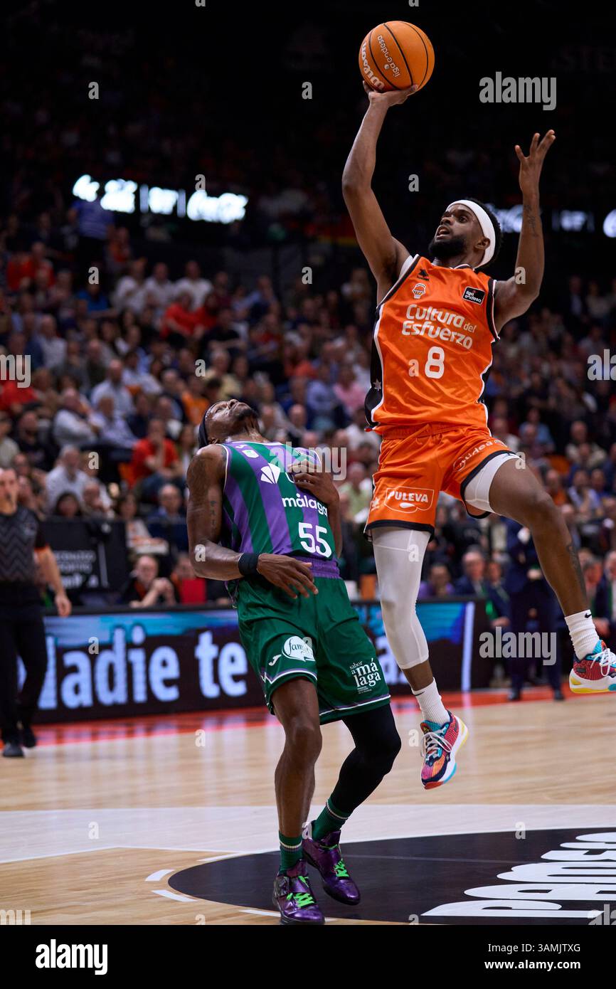 Valencia, Spain. 13th Apr, 2025. Jean Montero of Valencia basket and Kendrick Perry of Fundacion ...