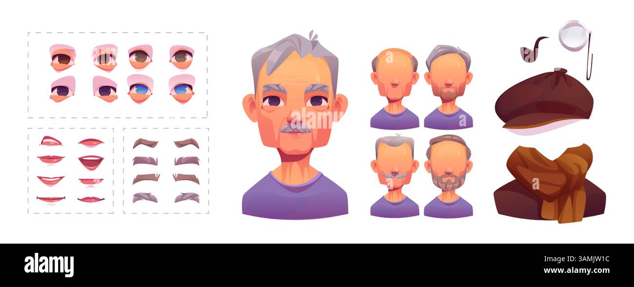 Elderly man face constructor set - senior grandfather character ...