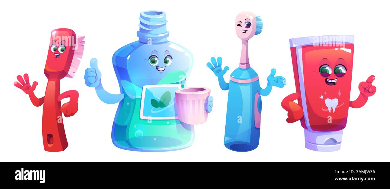 Dental hygiene kid characters set - smiling toothbrush, mouthwash ...