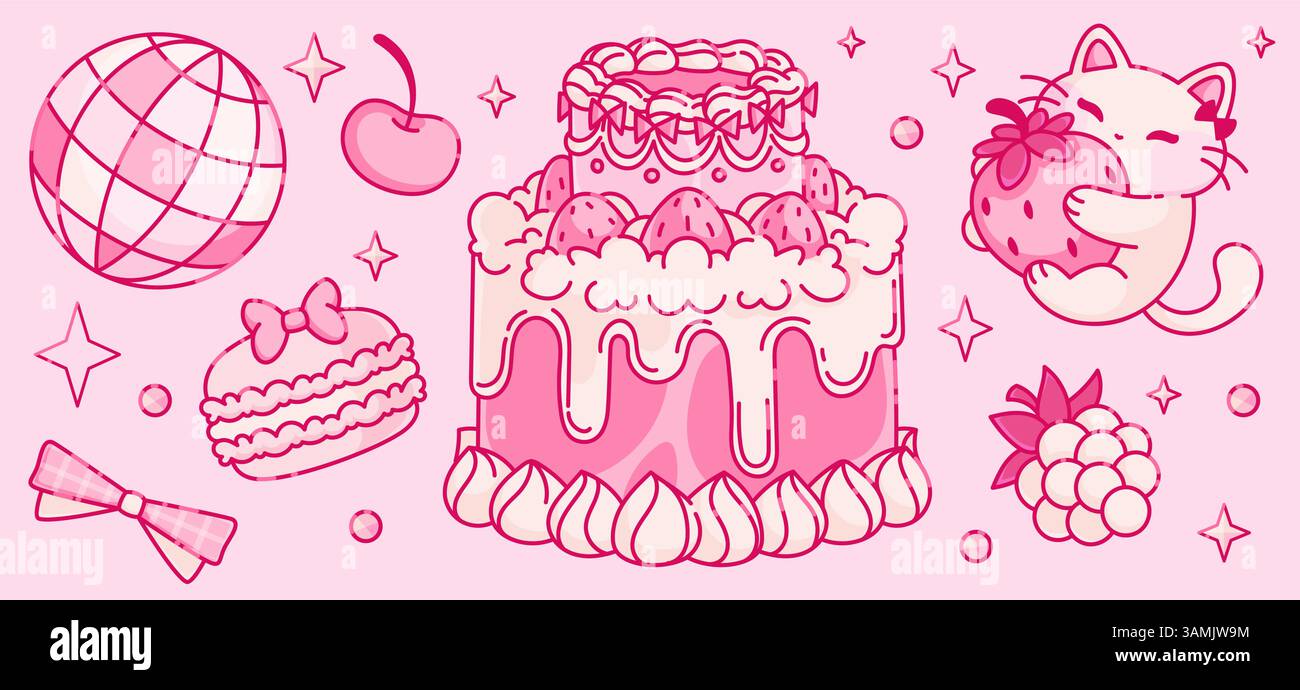Coquette cake and cute animal mascot on pink background. Vector cartoon ...