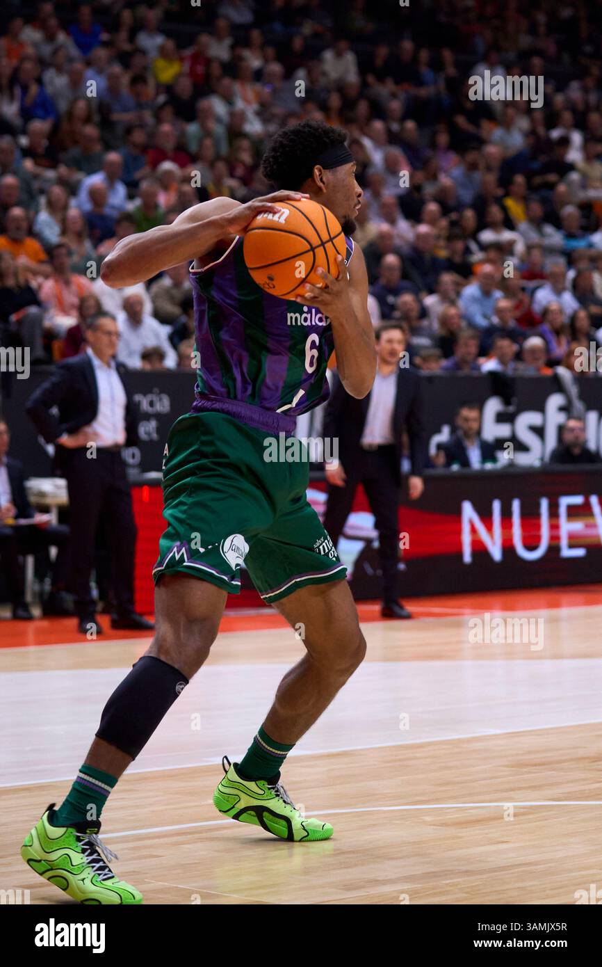 Valencia, Spain. 13th Apr, 2025. Kameron Taylor of Fundacion Unicaja seen in action during the ...