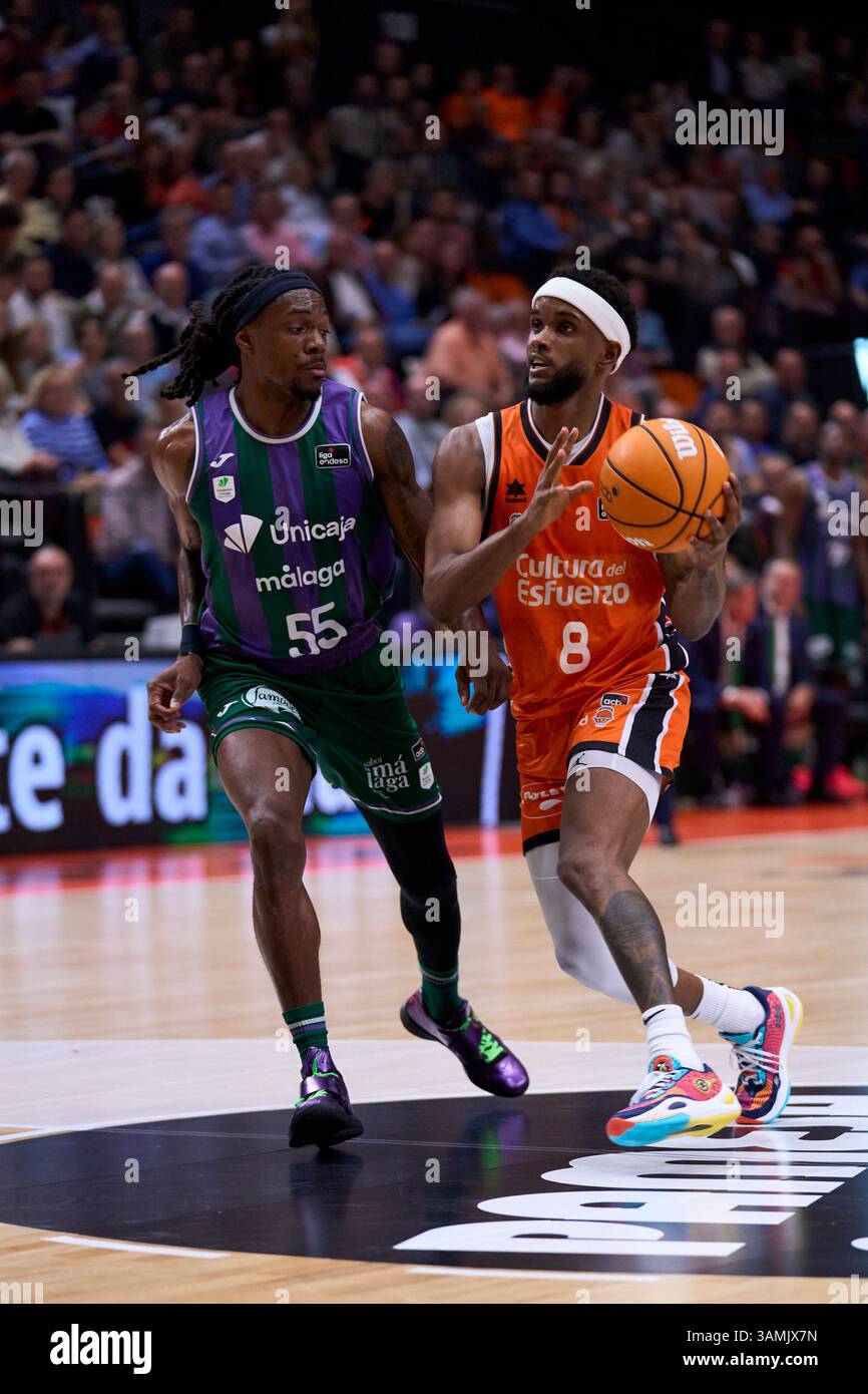 Valencia, Spain. 13th Apr, 2025. Jean Montero of Valencia basket and Kendrick Perry of Fundacion ...