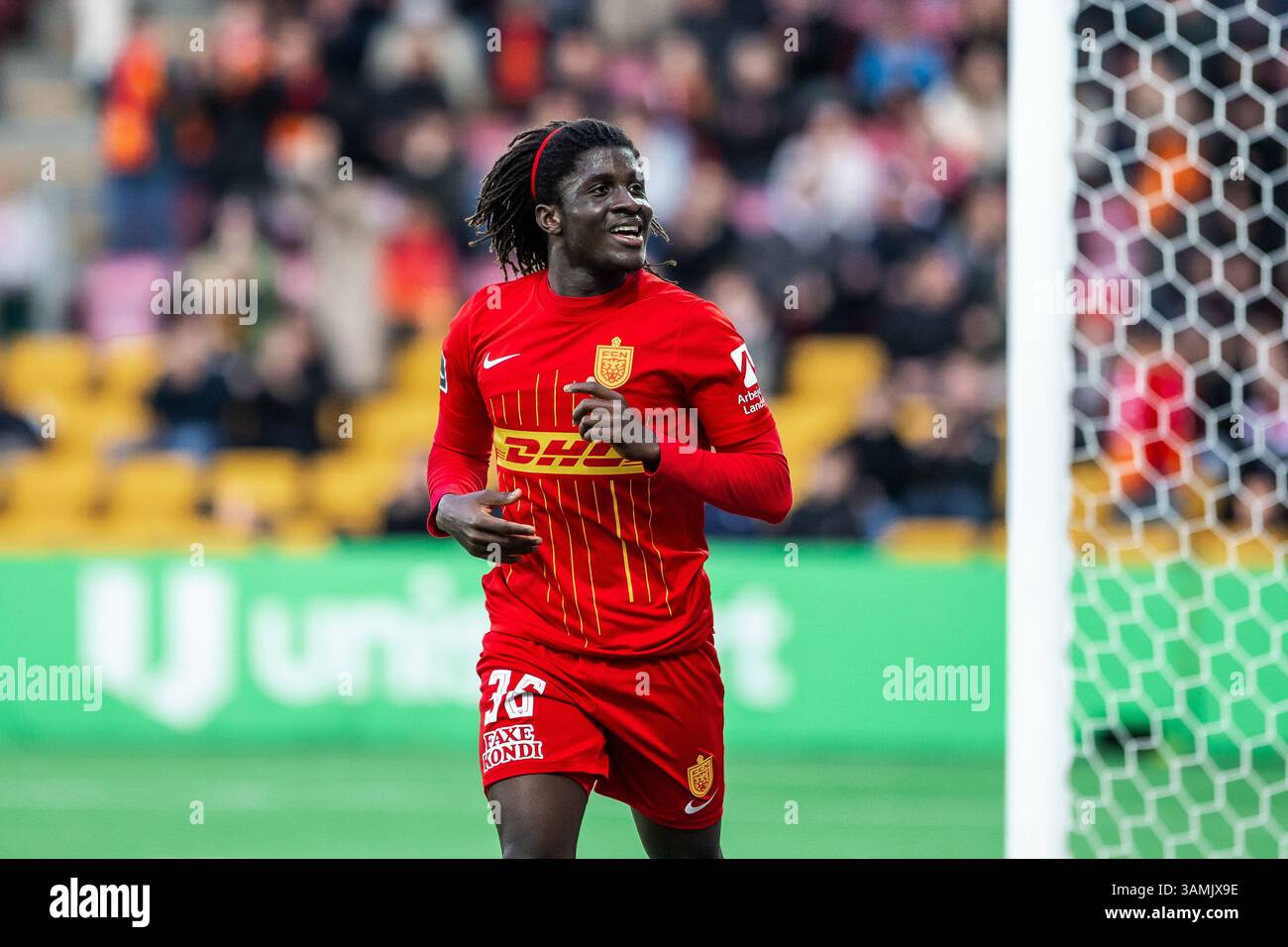 Farum, Denmark. 13th Apr, 2025. Caleb Yirenkyi (36) of FC Nordsjaelland ...