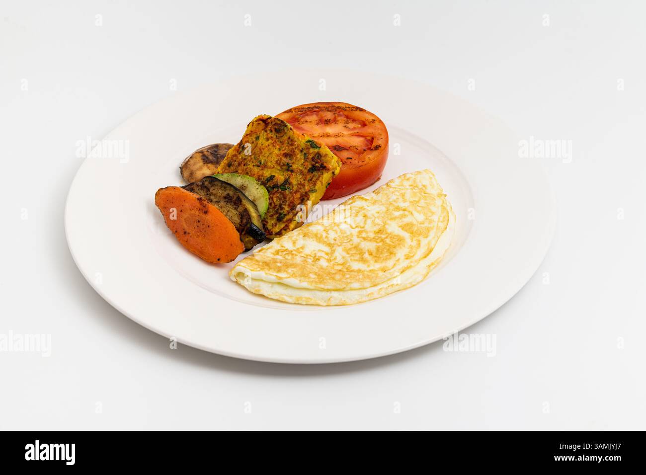 Rustic breakfast plate with fried eggs, grilled vegetables, and turkey ...