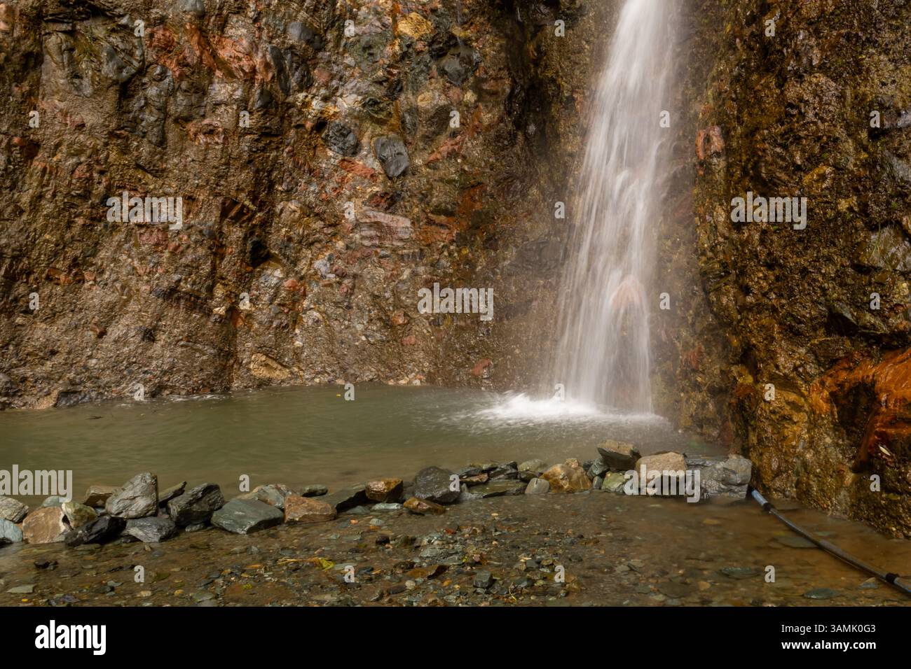A serene waterfall gently cascades into a clear rocky pool, surrounded ...