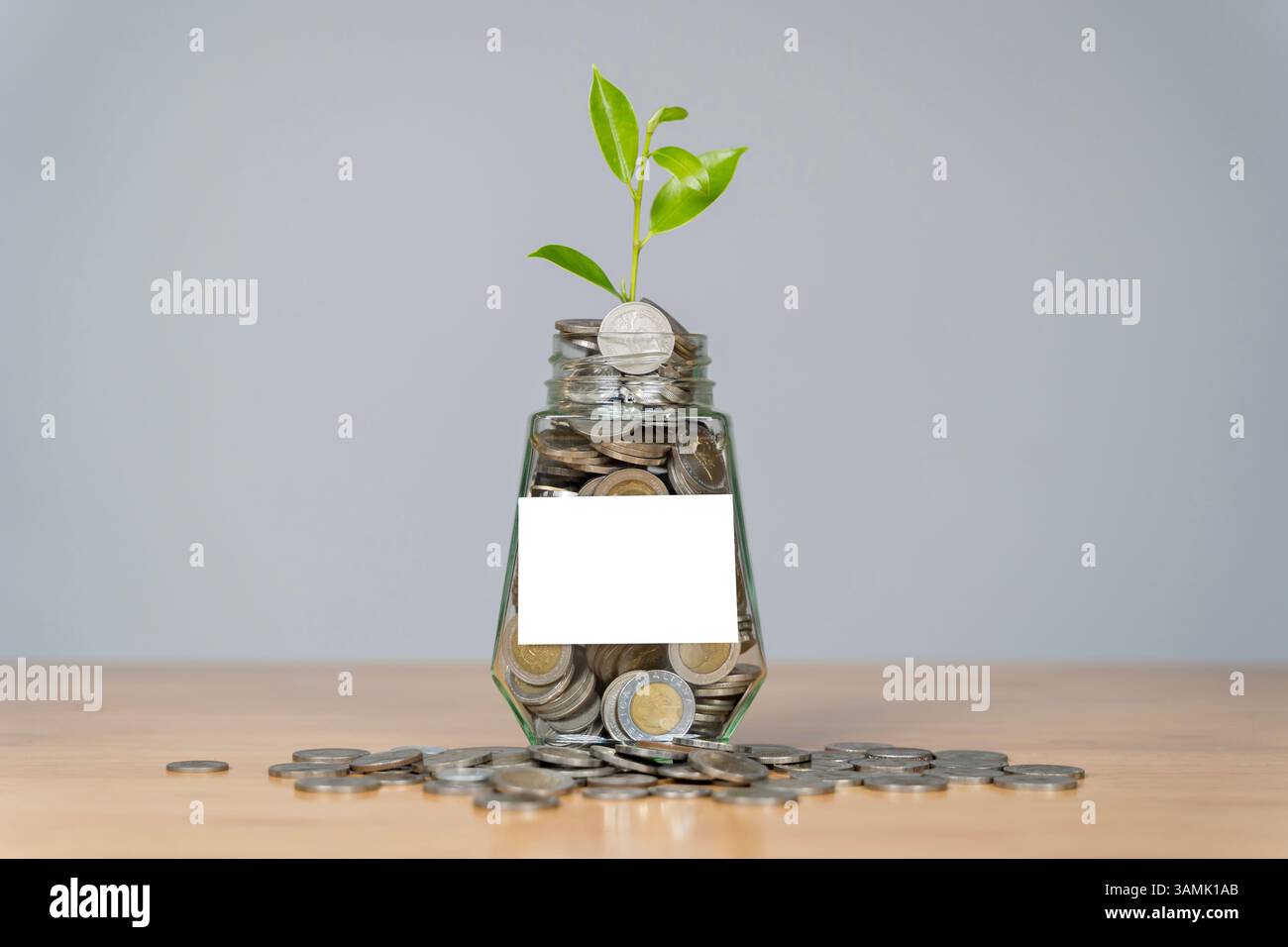 Savings money box coins thai baht with empty blue stick note paper ...