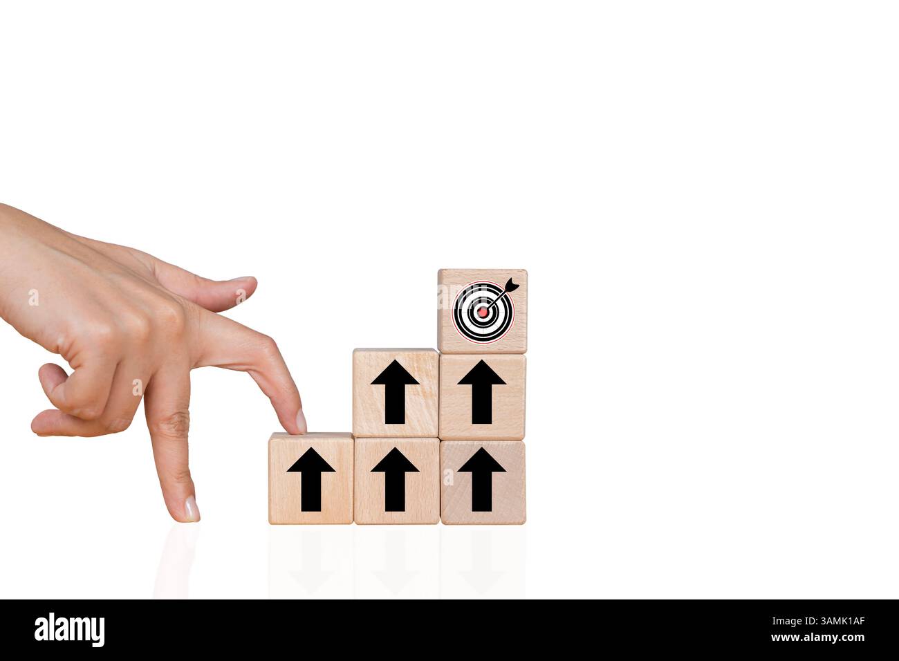 Women hand finger walk on stacked wooden block like stairs. Business ...