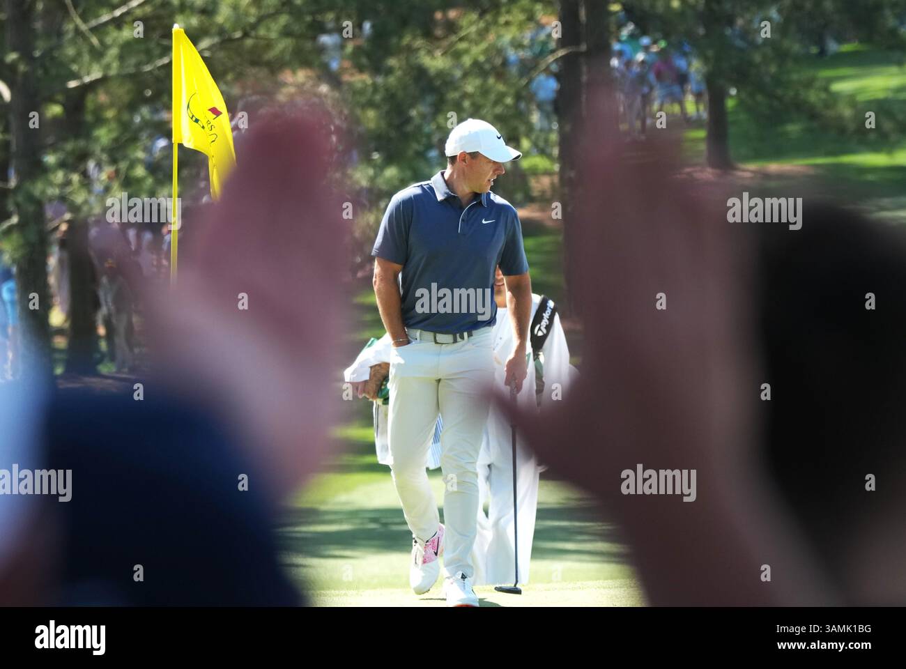 Augusta, USA. 13th Apr, 2025. Rory McIlroy of Northern Ireland reacts ...