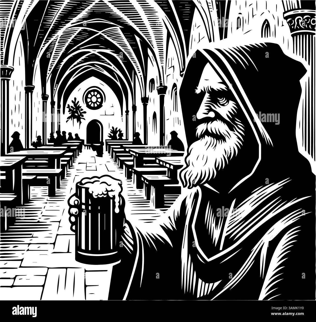 Monk Toasting Beer in Abbey Hall. Woodcut illustration of a monk ...