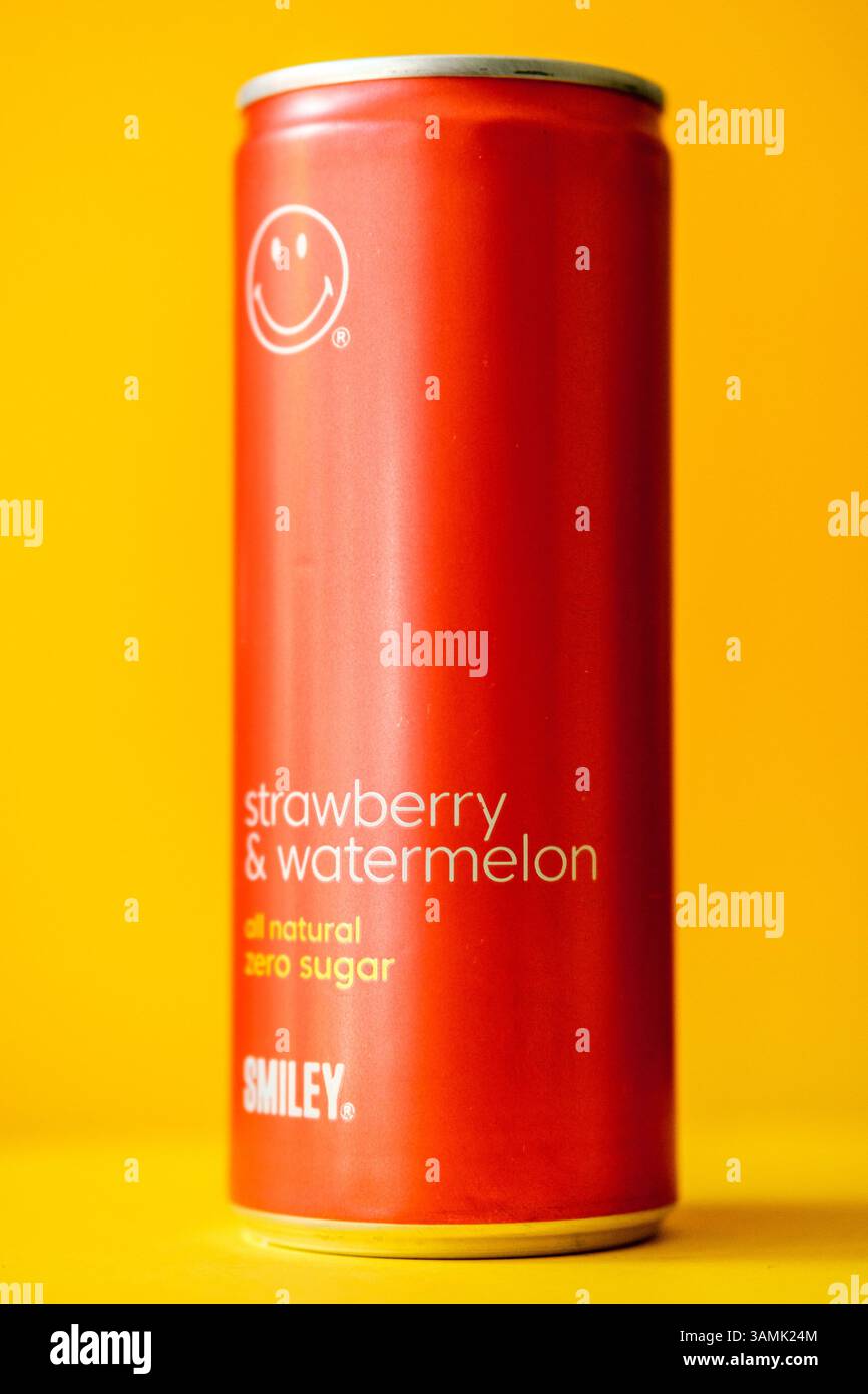 London UK, April 13 2025, Can of Smiley Strawberry and Watermelon Soda ...